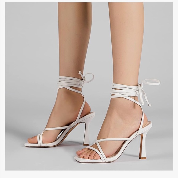 Mostrin | Shoes | Mostrin Lace Up Stappy White Heel Square Toe Sandals ...